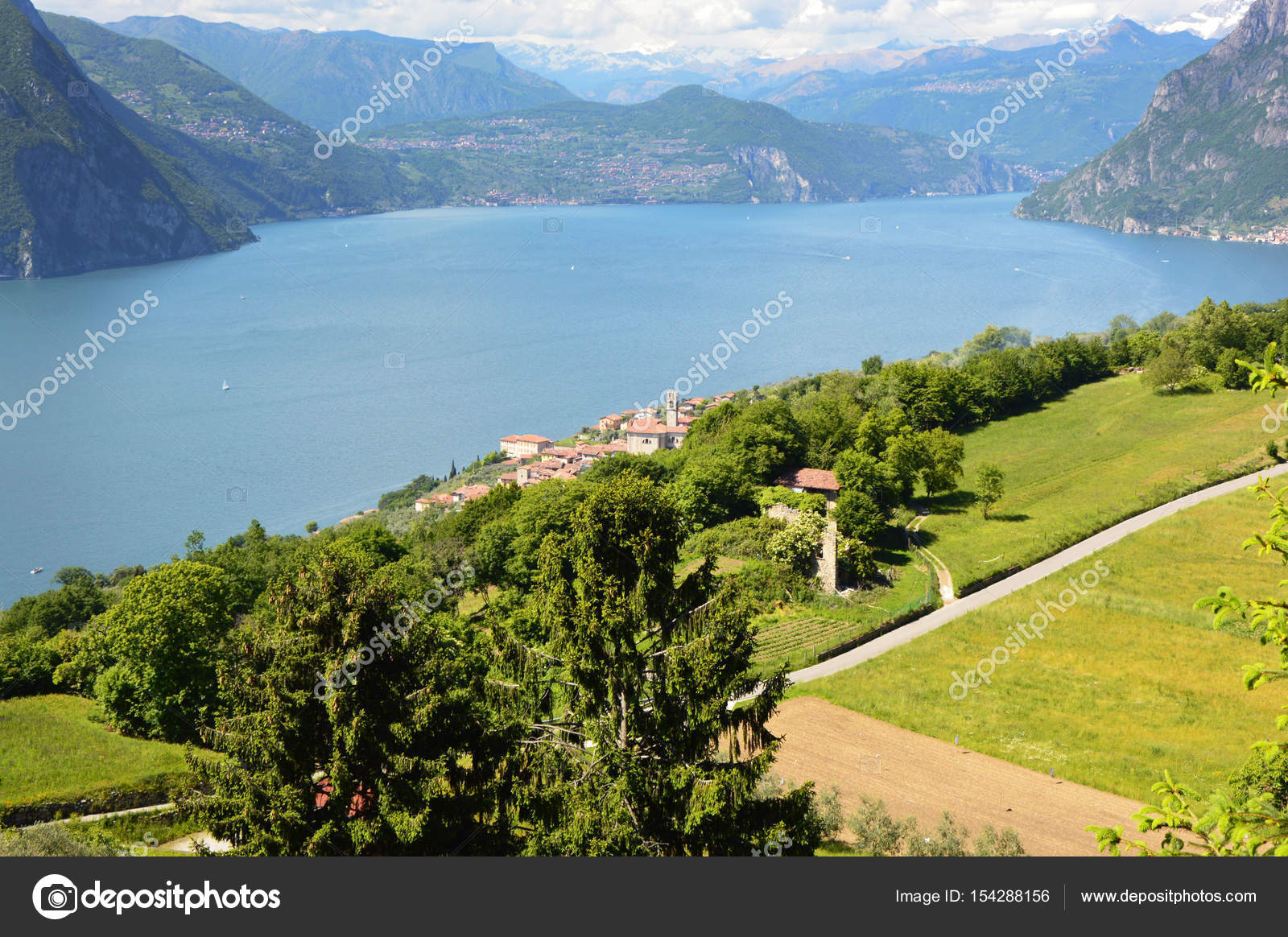 Lake panorama from "Monte Isola". Italian landscape. Island on lake ...