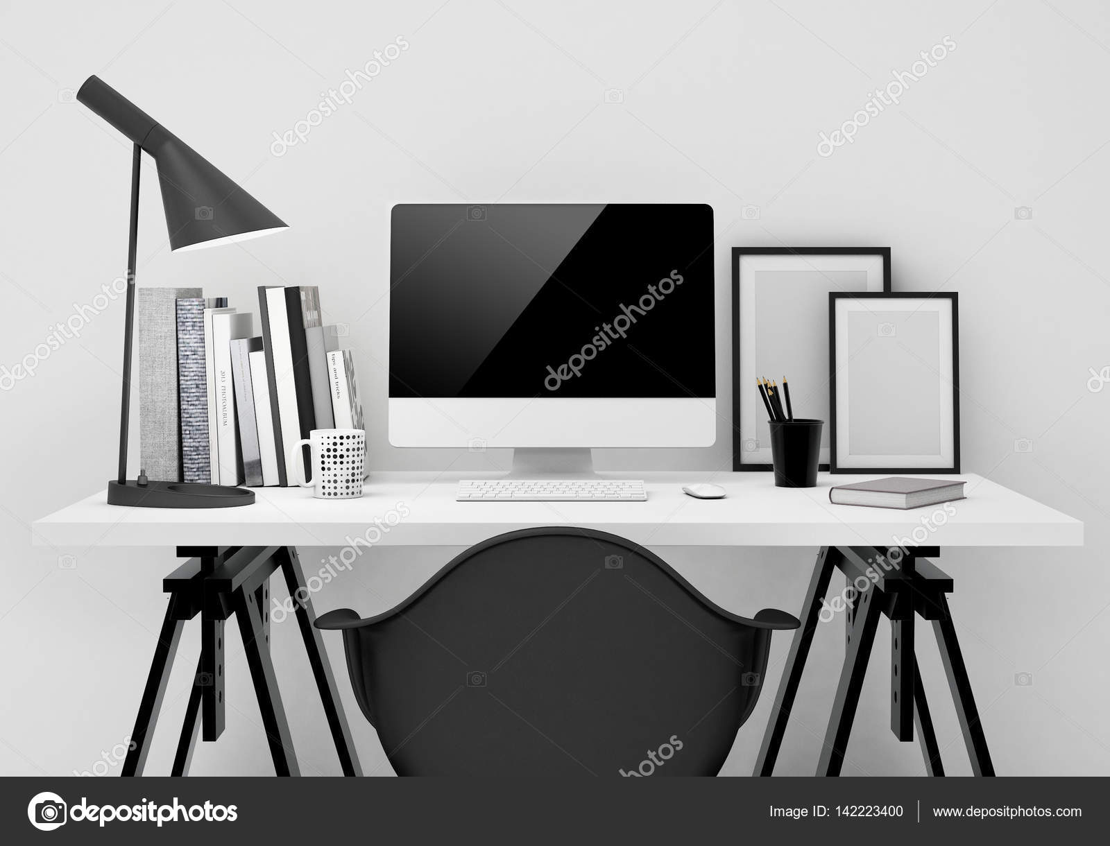 3D illustration of modern computer template, workspace mock up ...