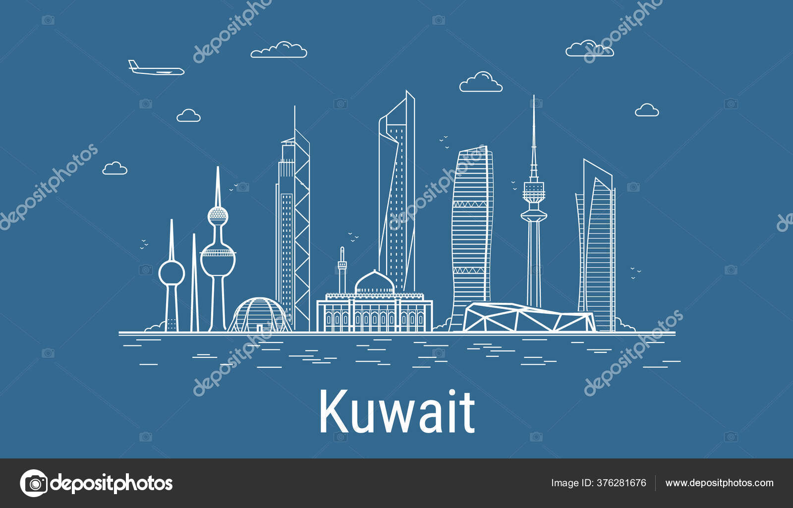 Kuwait Stad Linje Konst Vektor Illustration Med Alla Kända Byggnader ...