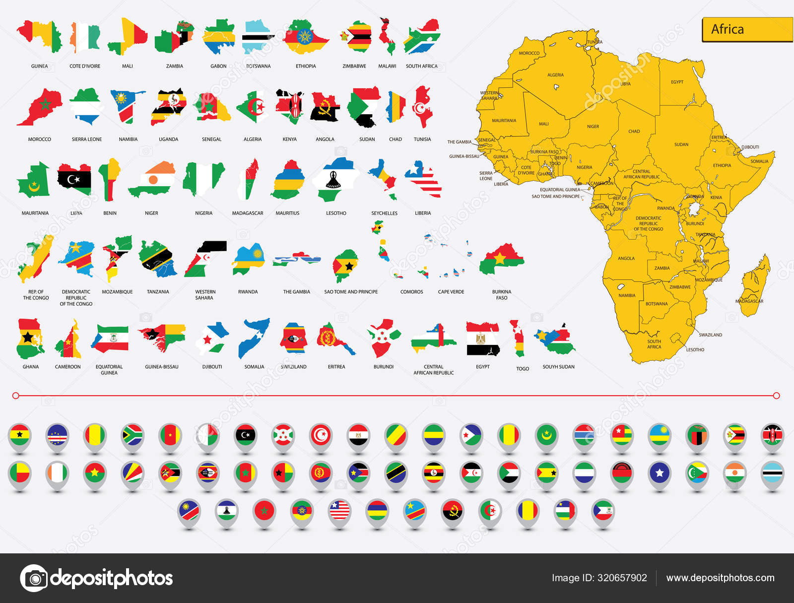 Detailed map of the African continent, Cards African flags and icons ...