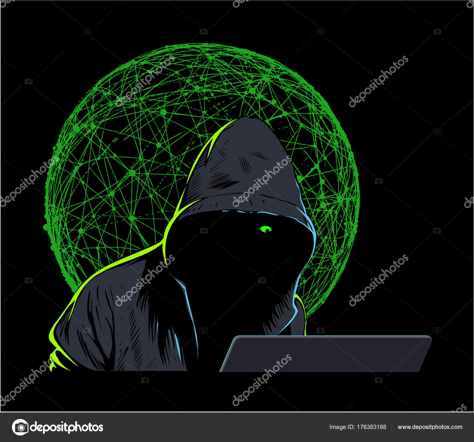 Man Hood Internet Hacker Laptop Green Web Background Stock Vector Image ...