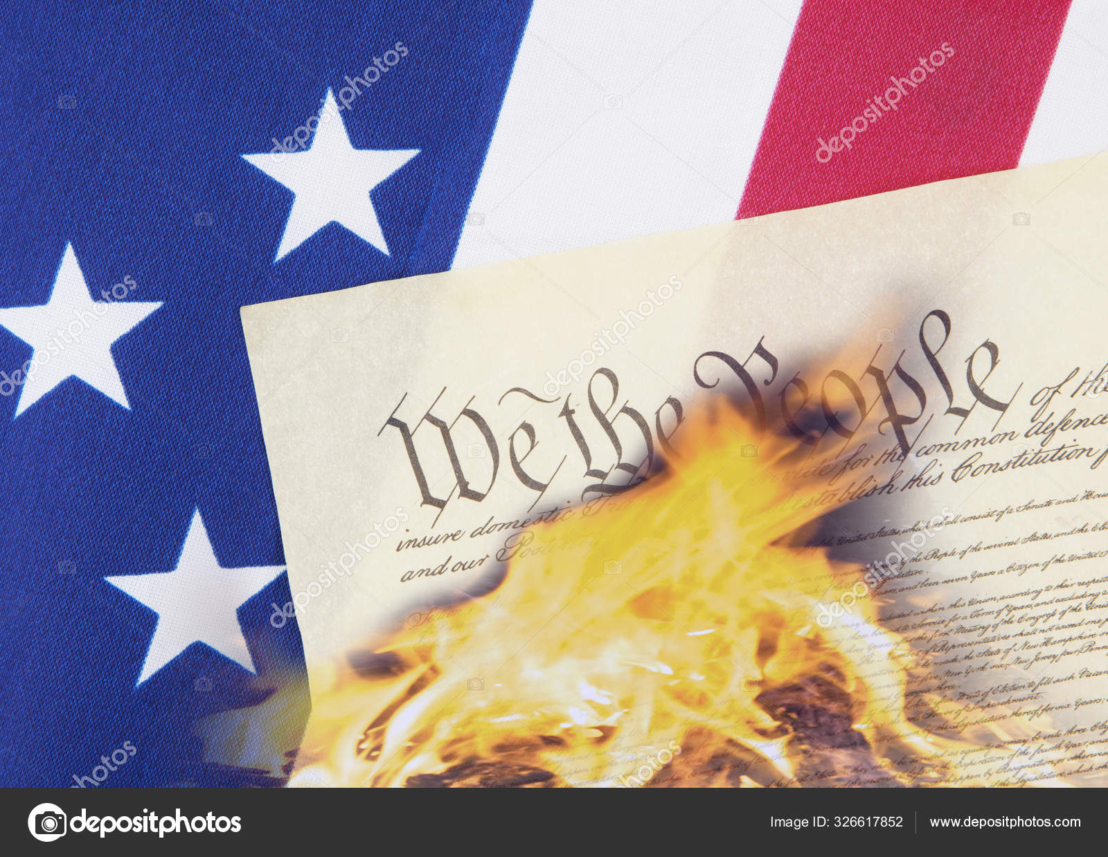 U.S. Constitution on flag being destroyed by fire — Stock Photo ...