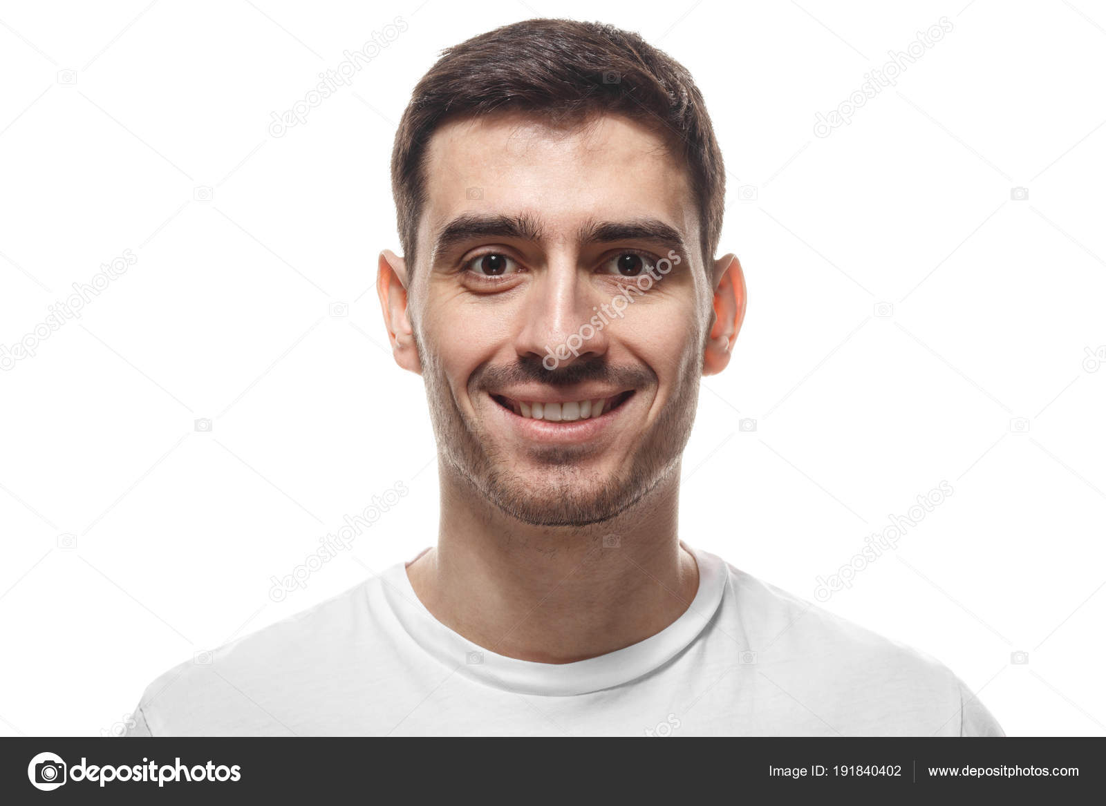 Close up headshot portrait of smiling handsome man in white t-shirt ...