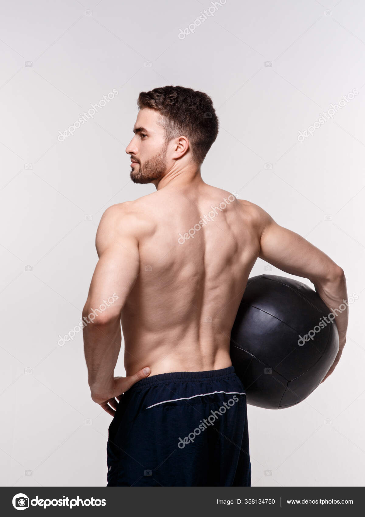 Male Athlete Good Physical Shape White Background Medball His Hands ...