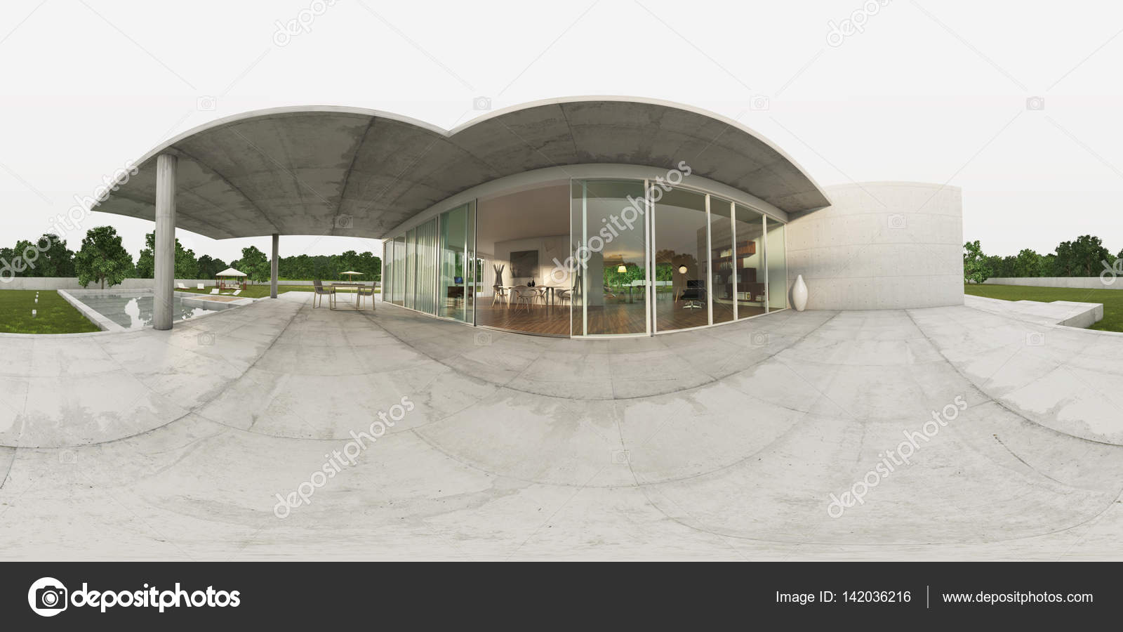 360 panorama VR , 3d rendering of exterior modern villa. Living- Stock ...