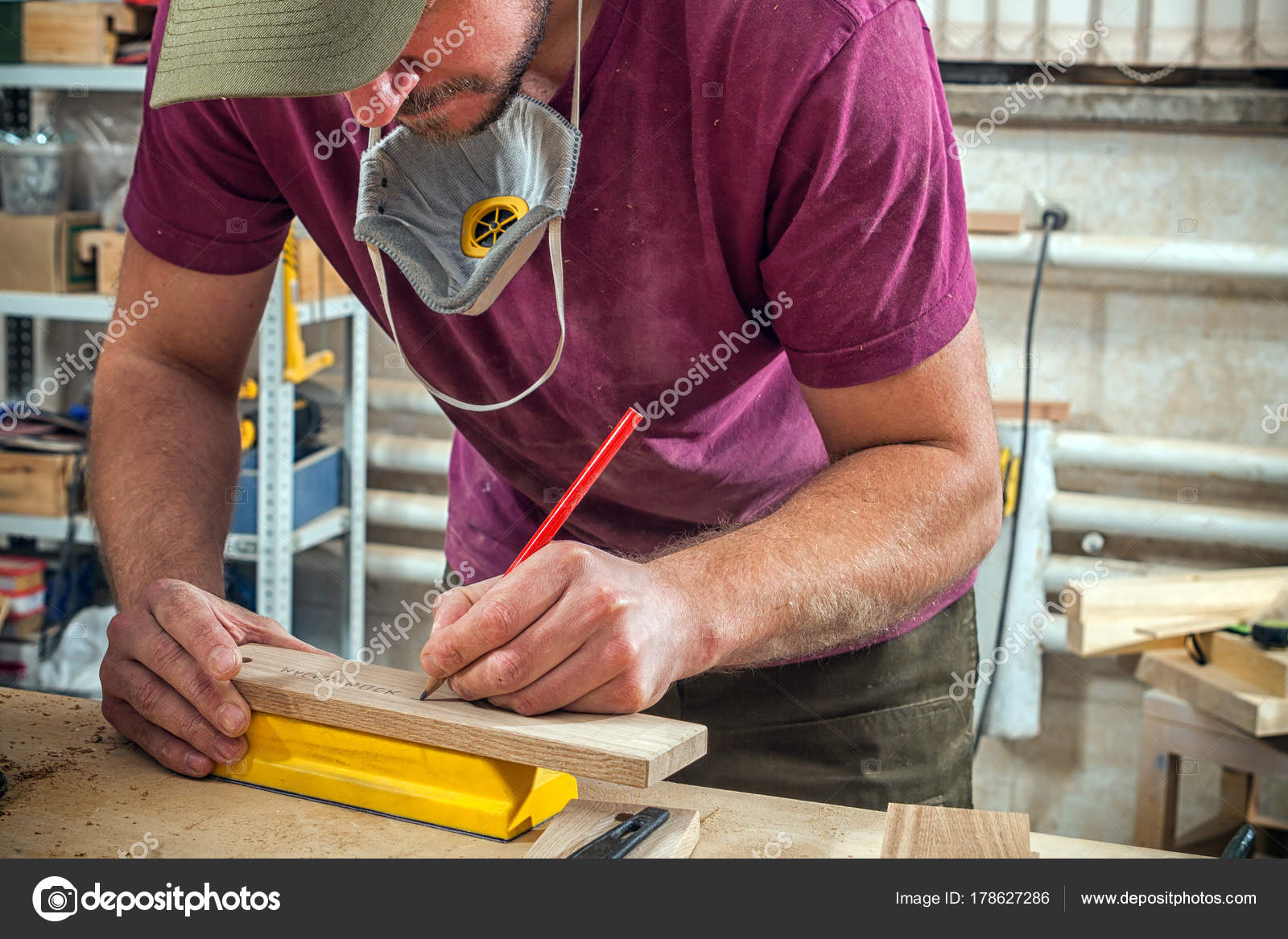 Young Strong Man Builder Carpenter Works Wooden Bar Making Furniture ⬇ ...