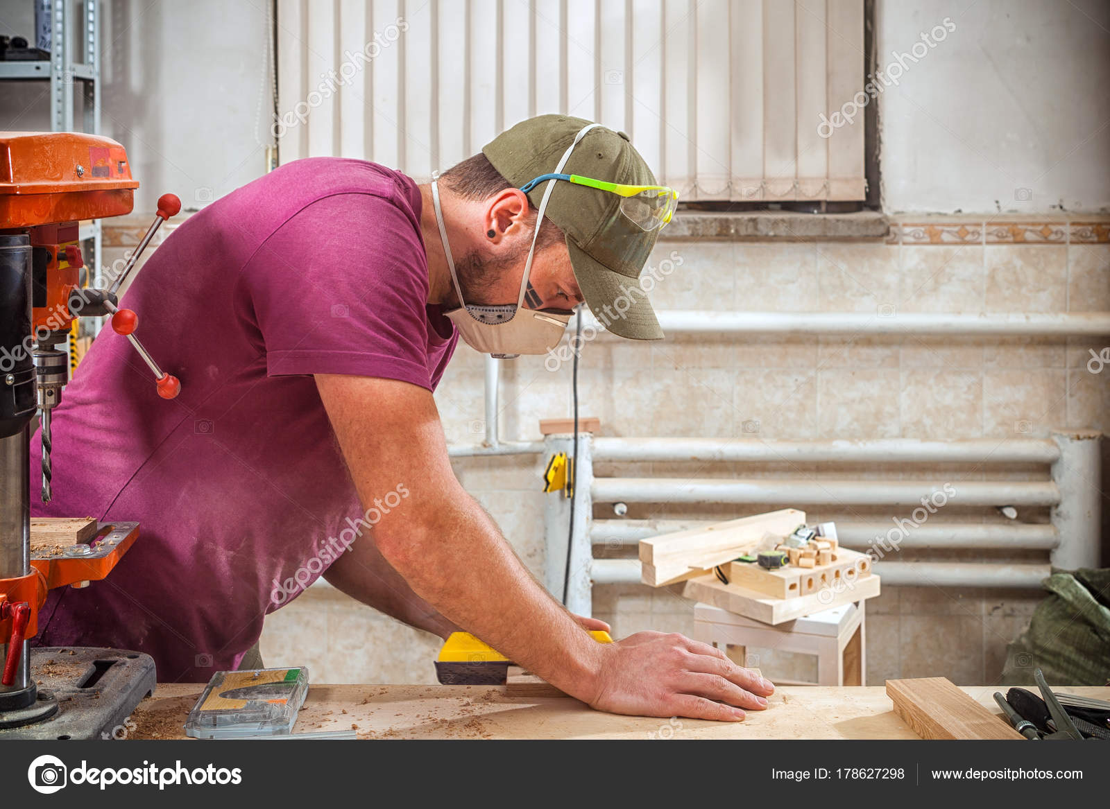 Young Strong Man Builder Carpenter Works Wooden Bar Making Furniture ...