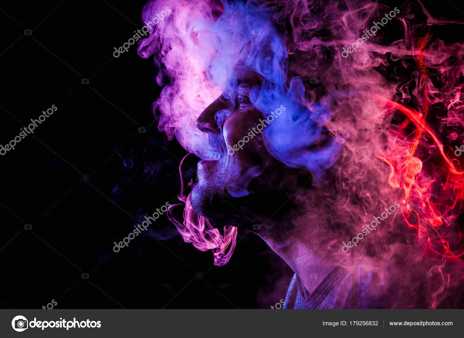 Man Admiting Puffs Steam Electronic Cigarette Cloud Colored Smoke Red ...