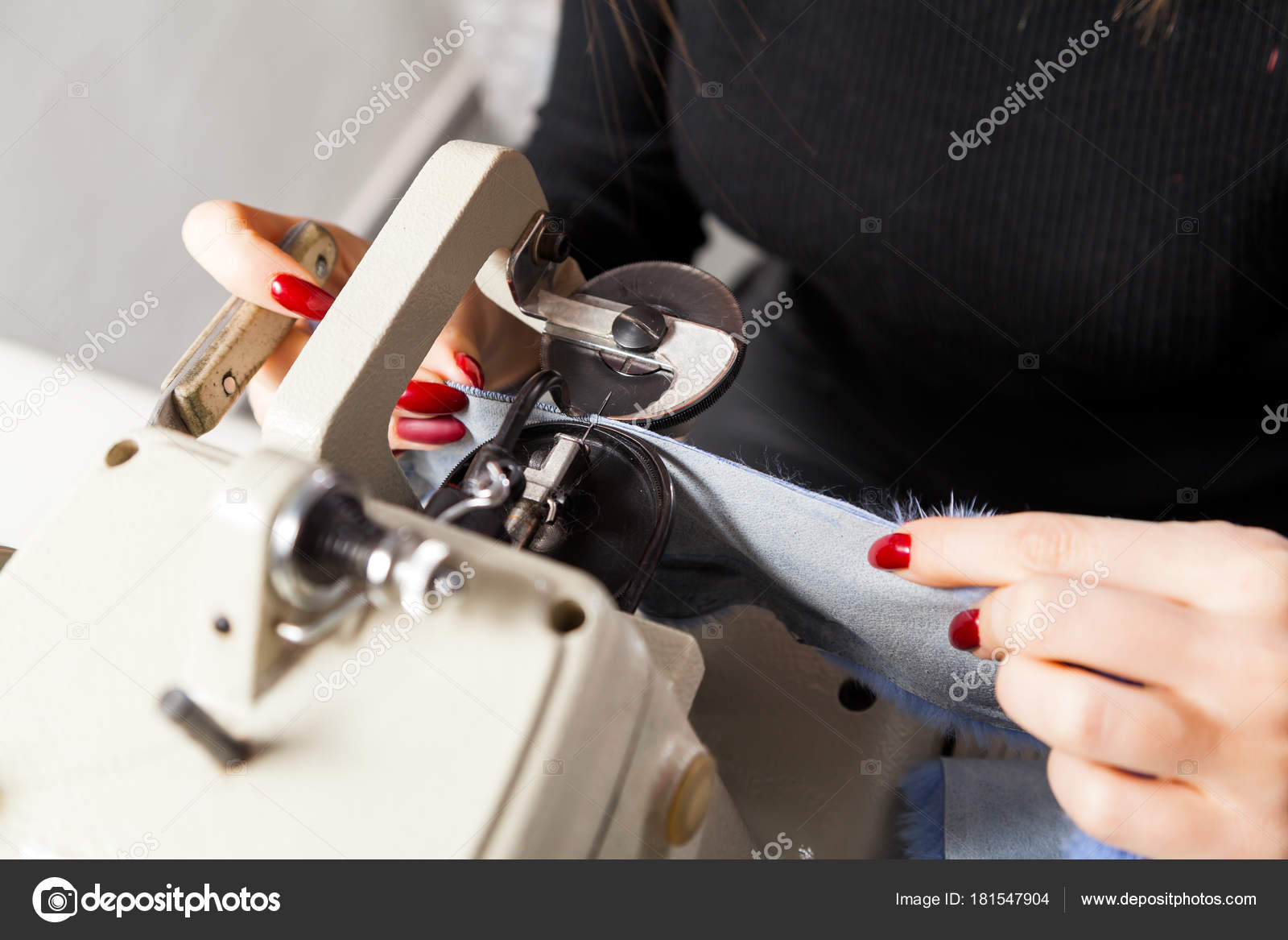 Close Woman Furrier Handle Natural Fur Sewing Machine — Stock Photo ...