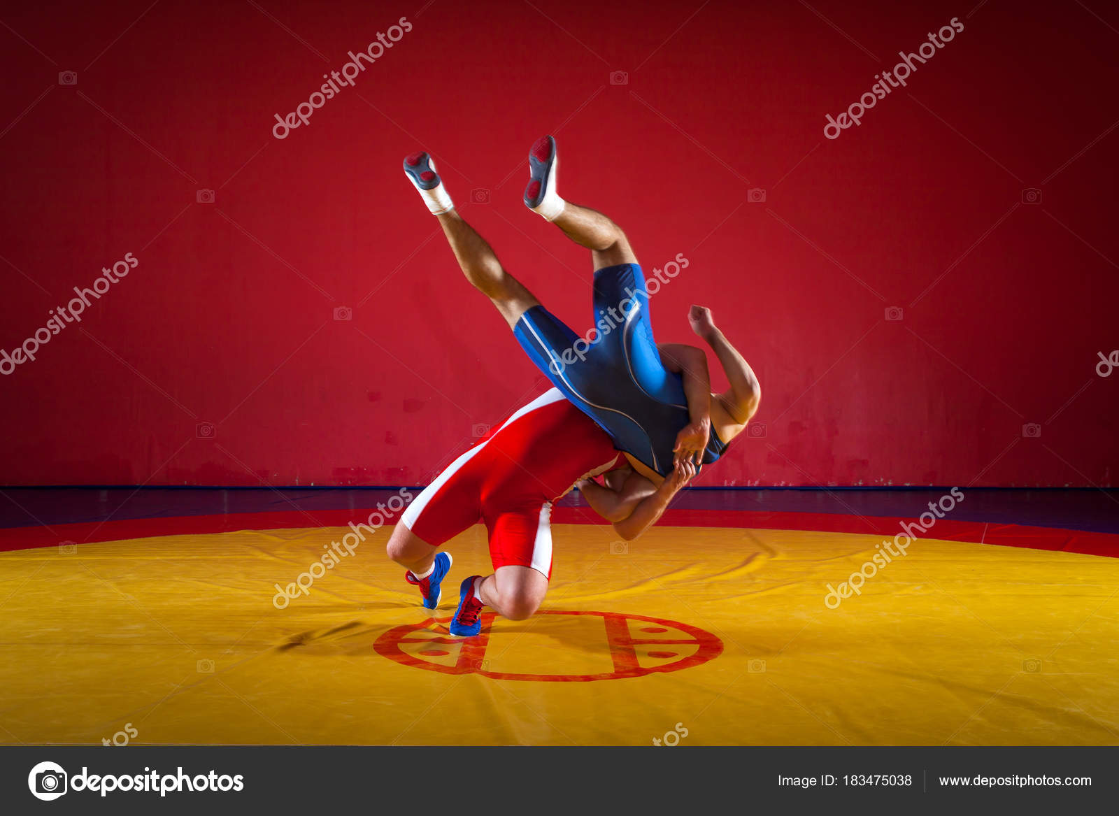 Two Strong Wrestlers Blue Red Wrestling Tights Wrestlng Making Suplex ...