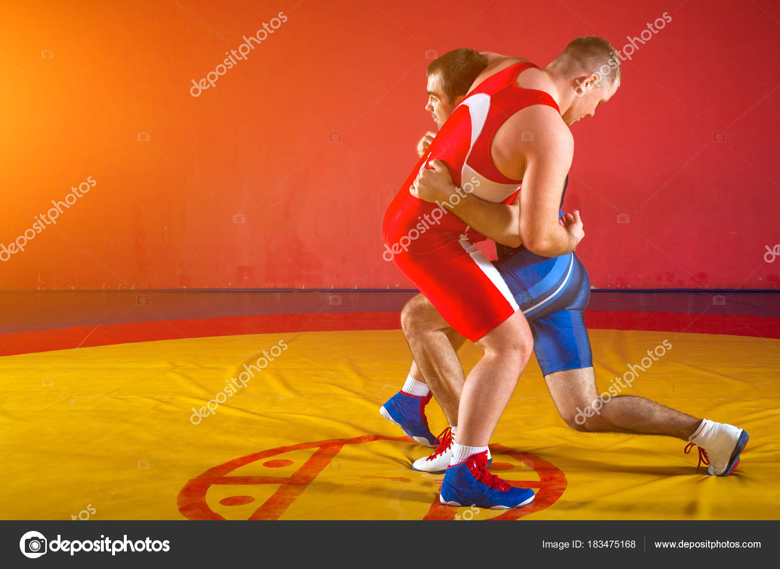 Two Strong Wrestlers Blue Red Wrestling Tights Wrestlng Doing Grapple ...