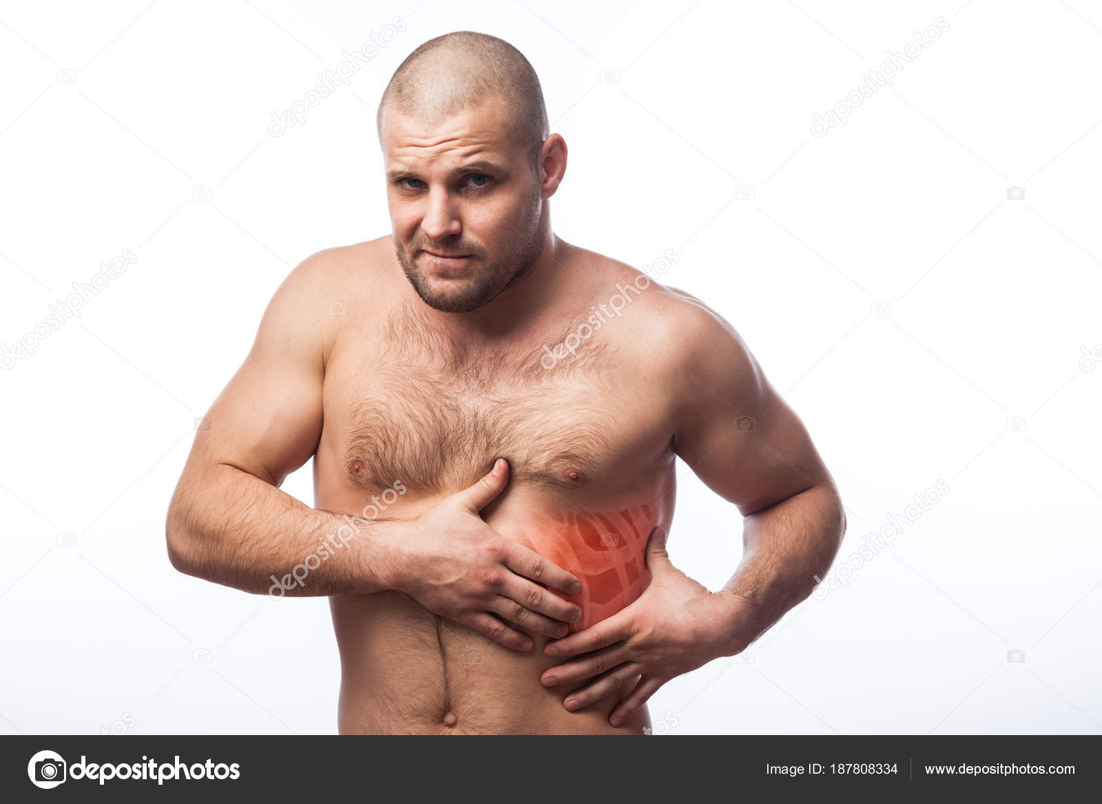 Injury Rib Young Bald Man Sportive Physique Holds Sore Rib Stock Photo ...