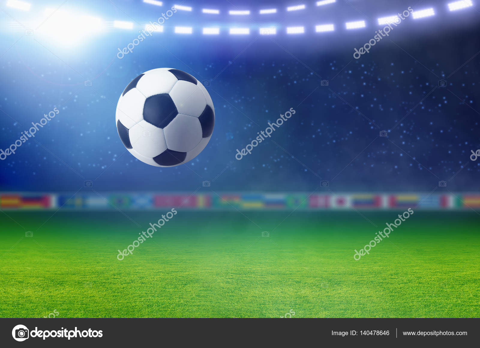 Soccer ball, bright spotlight illuminates green football field — Stock ...