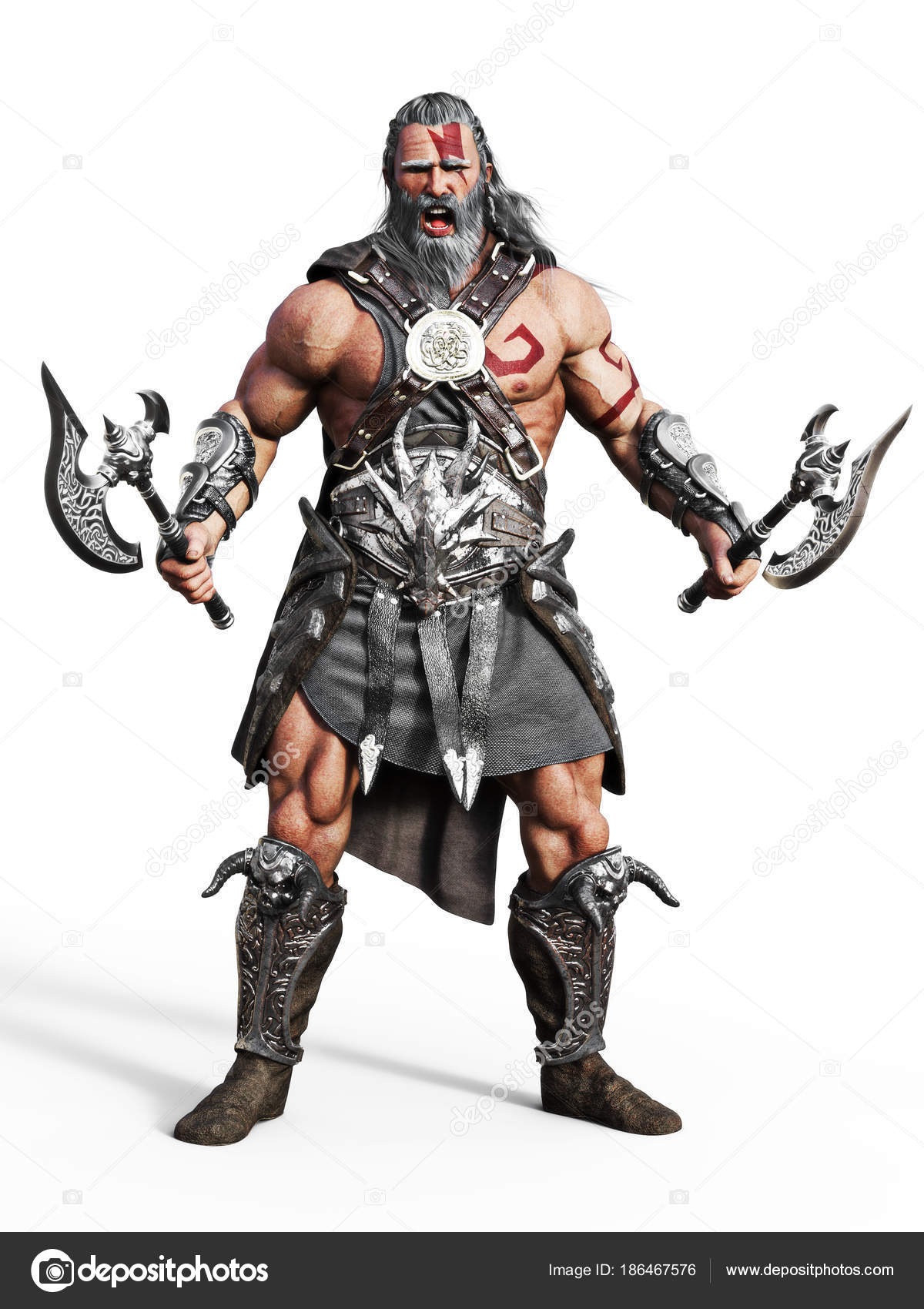 Fierce Armored Barbarian Warrior Ready Battle Isolated White Background ...