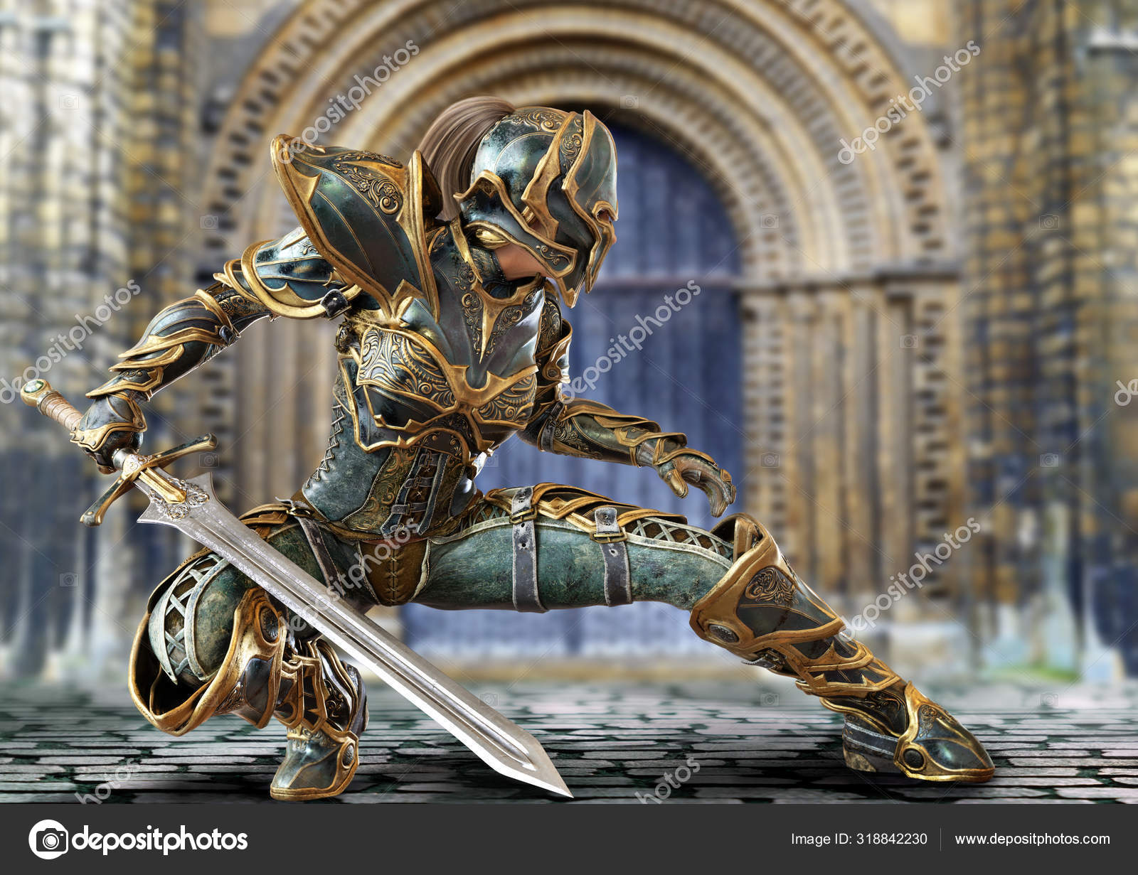 Knight Captain Female Posing Her Sword Fighters Combat Stance Rendering ...