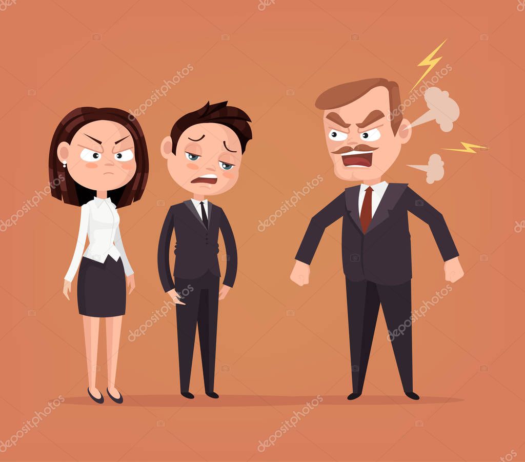 Carácter jefe enojado gritándole al empleado. Vector plano ilustración ...