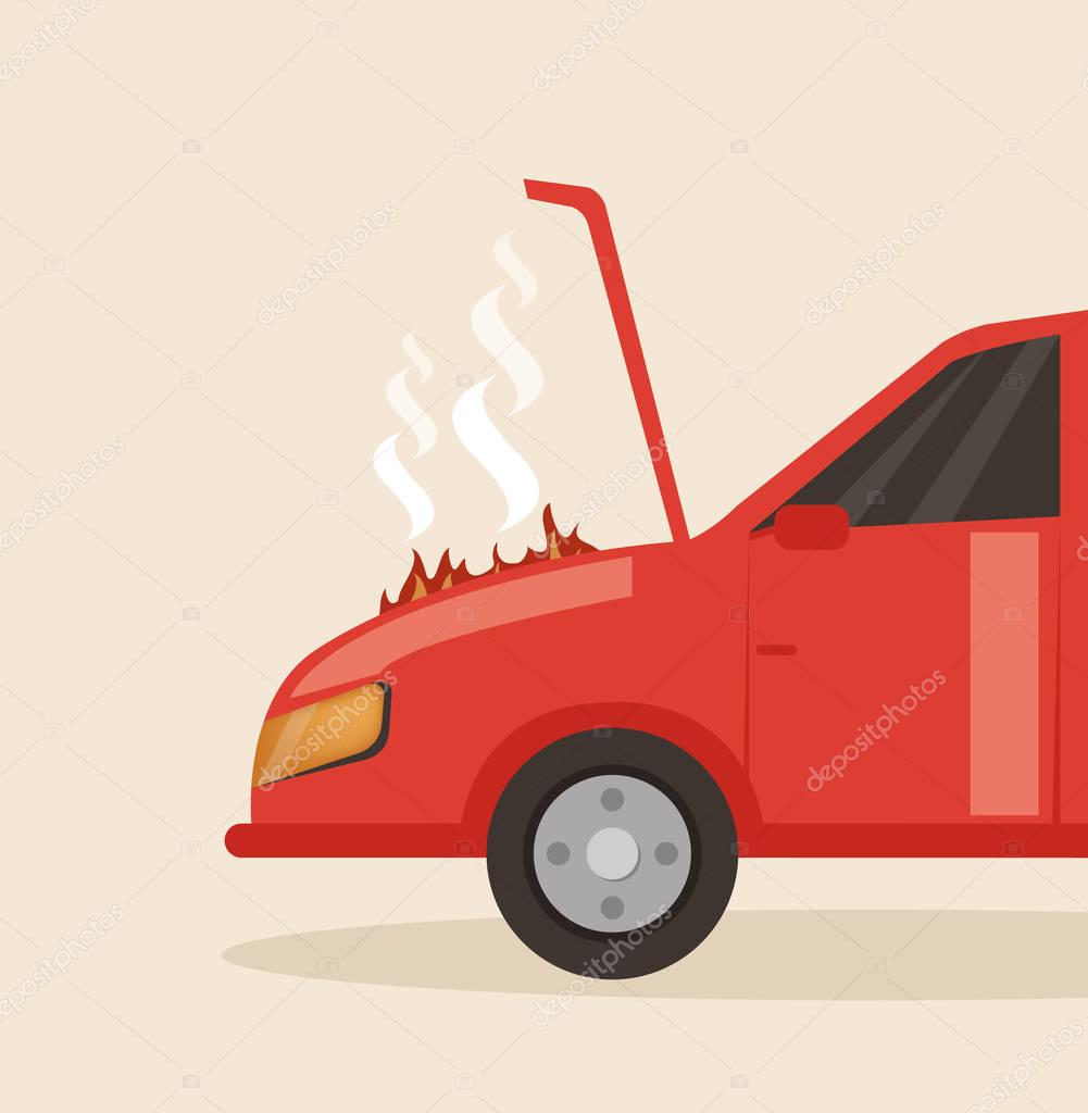 Coche rojo roto con capucha abierta. Vector plano ilustración de ...