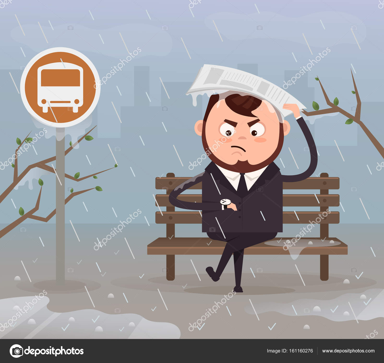 Angry nervous businessman office worker character waiting late bus look ...