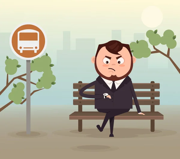 Angry nervous businessman office worker character waiting late bus look ...