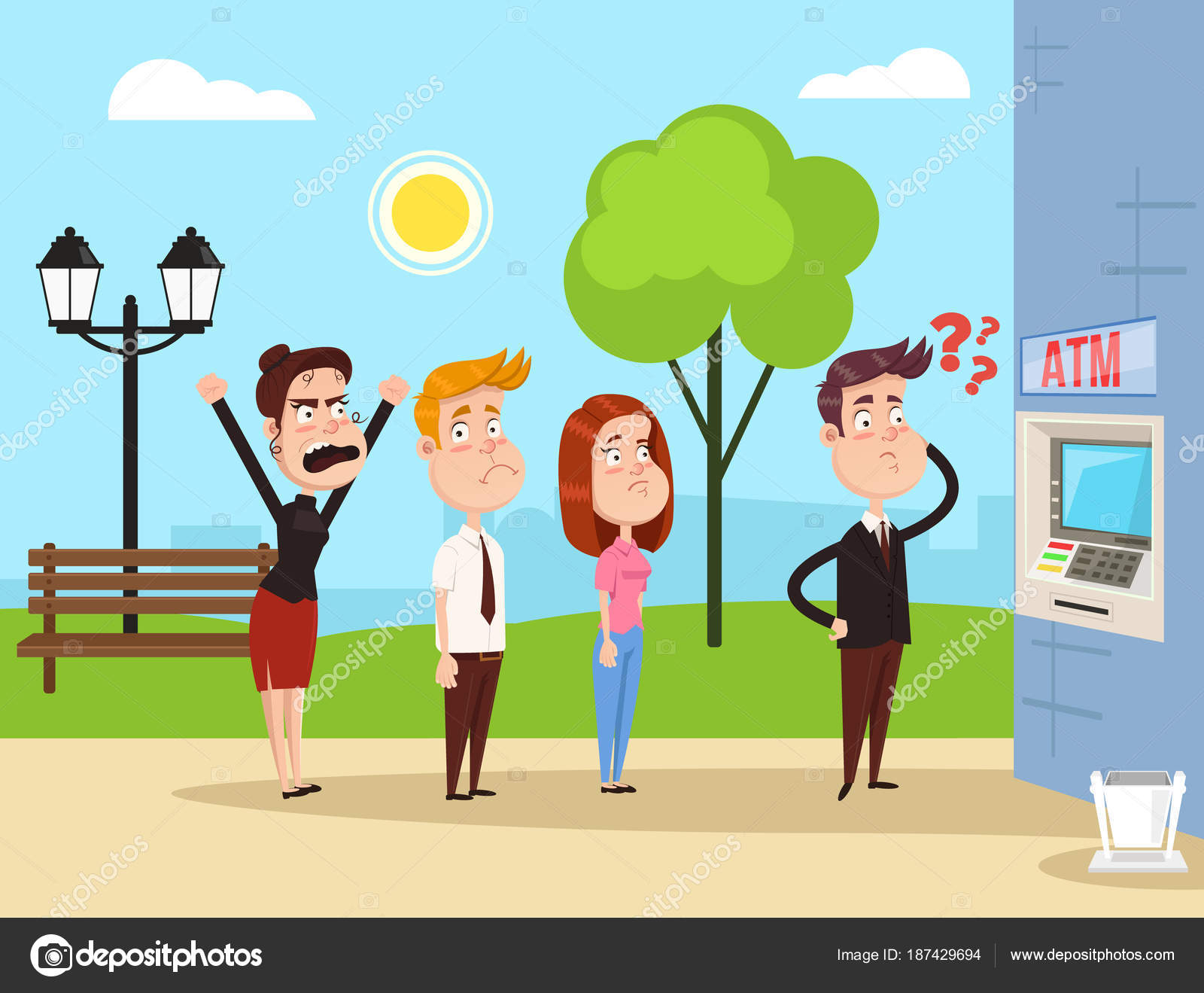 Angry Mad People Characters Standing Waiting Line Atm Vector Flat Stock ...