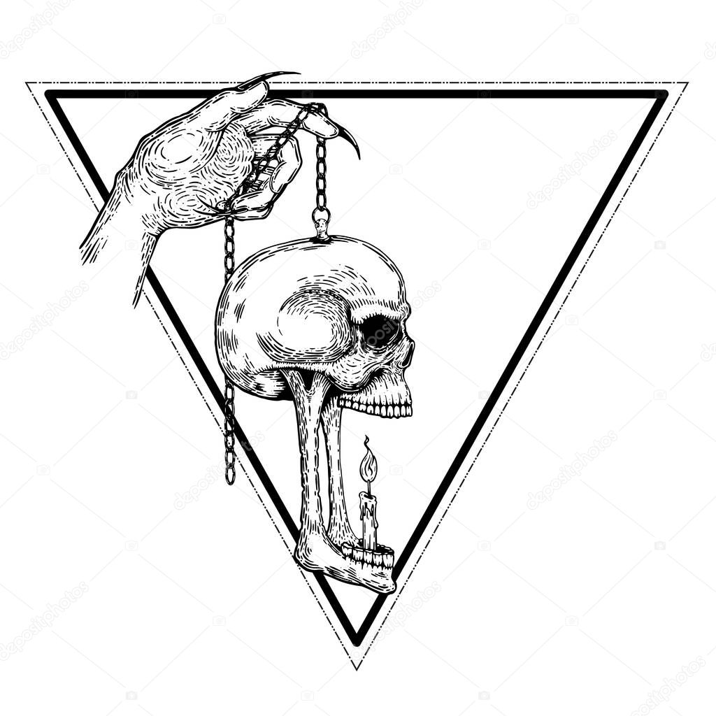 Calavera con la mano colgando una lámpara. Ilustración vectorial de un ...