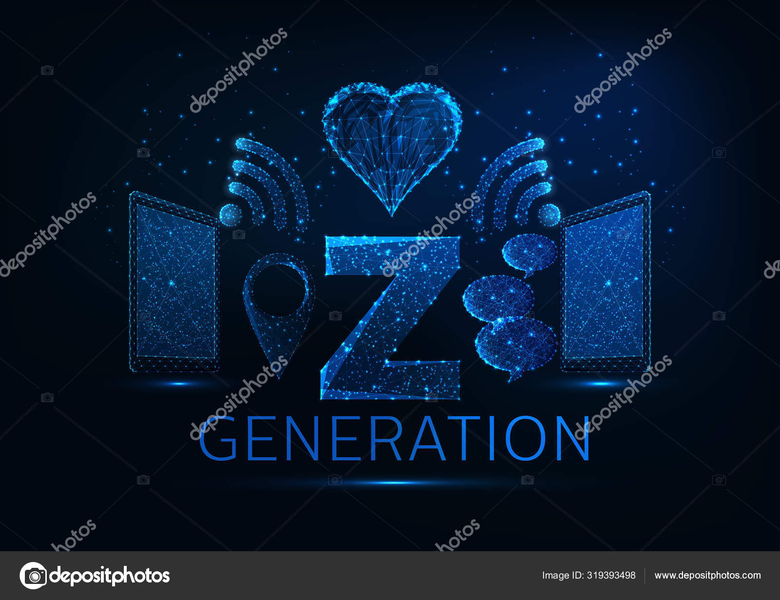 Concepto Z de generación futurista con tabletas, Wi-Fi, símbolos de ...