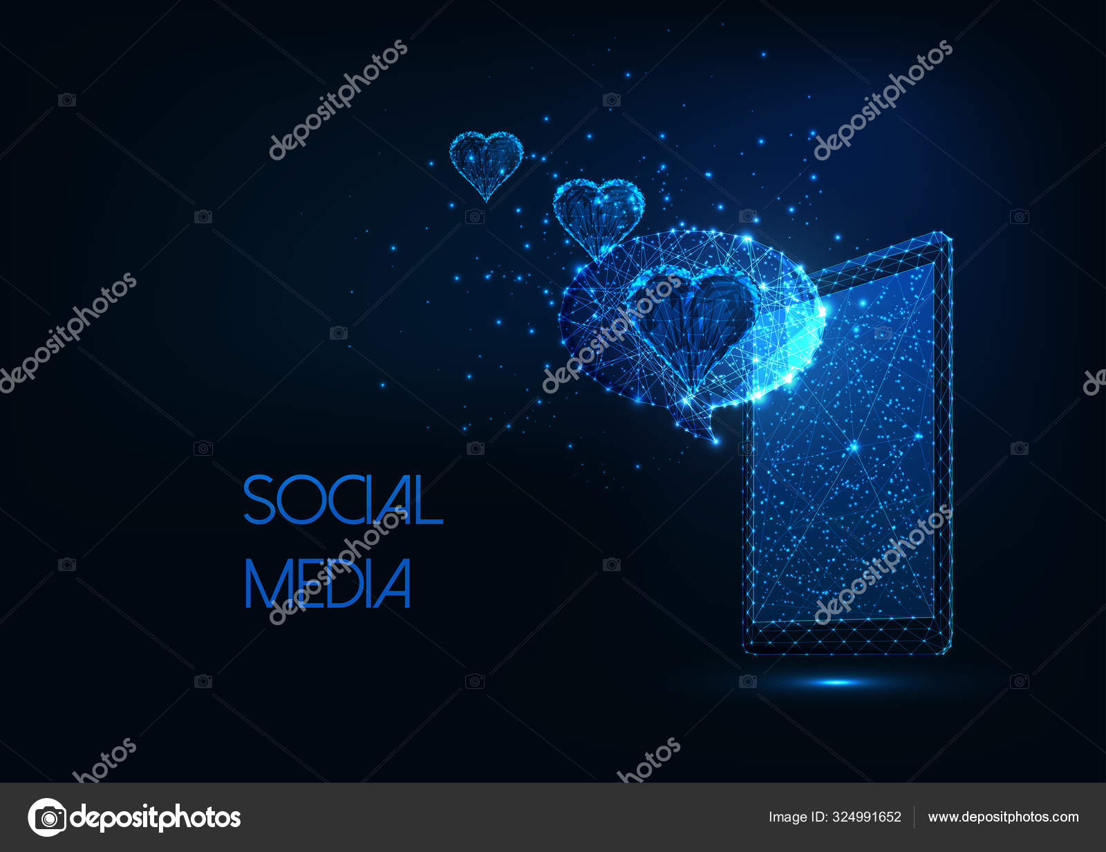 Futuristic social media concept with glowing low polygonal smartphone ...