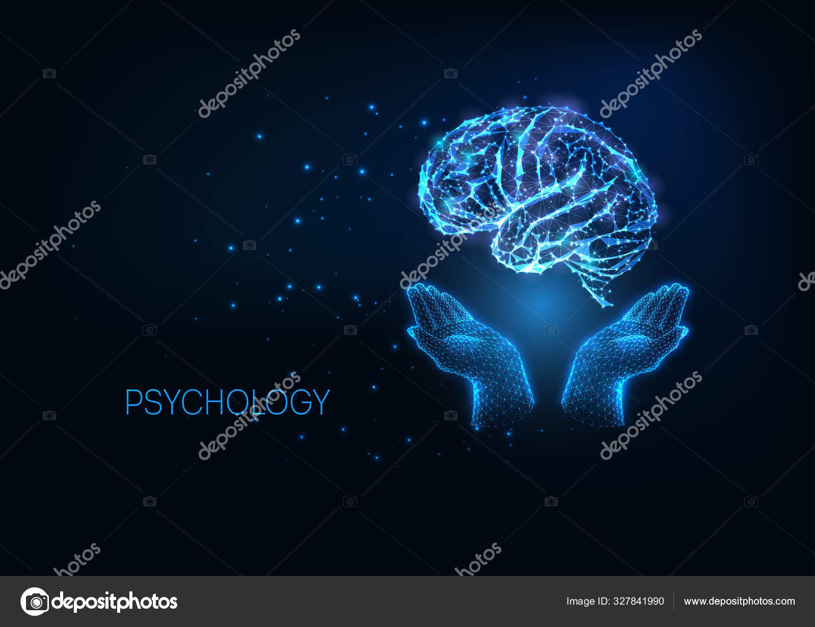 Futuristic psychology concept with glow low polygonal hands holding ...
