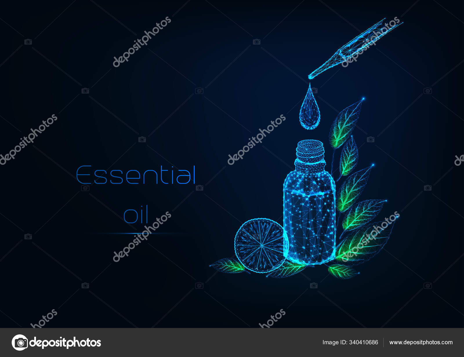 Futuristic essential oils therapy concept with pipette, bottle, oil ...