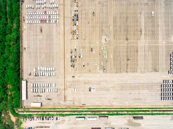 Large empty car factory car park, aerial view top down. - Stock Image ...