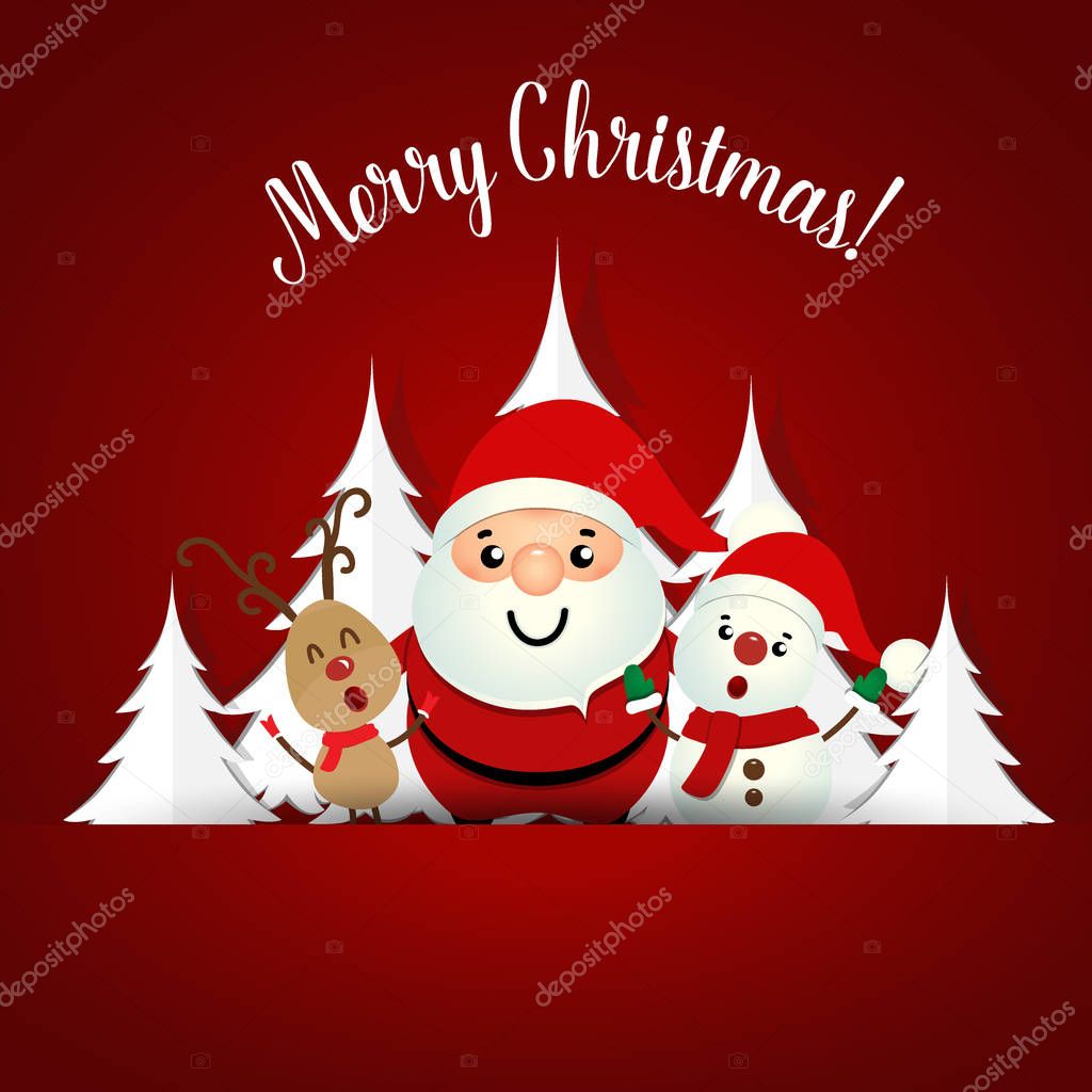 Tarjeta de felicitación de Navidad con Papá Noel, muñeco de nieve y renos. Ilustración vectorial ...