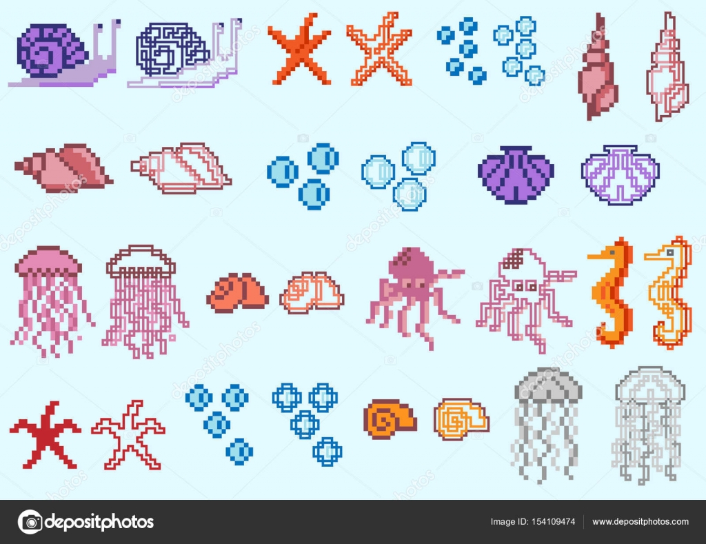 Set of pixel marine animals and shells Stock Vector Image by ©anna ...