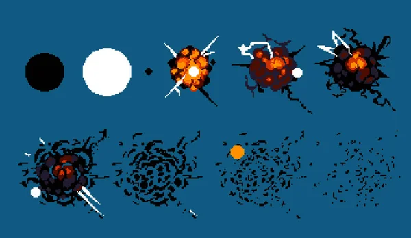 Pixel art explosion. Game icons set. Comic boom flame effects for ...