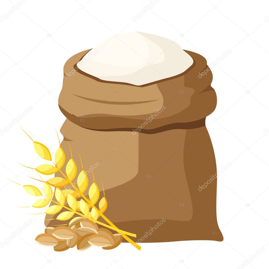 Una bolsa de harina y una pala, trigo, espigas de trigo. Ilustración ...