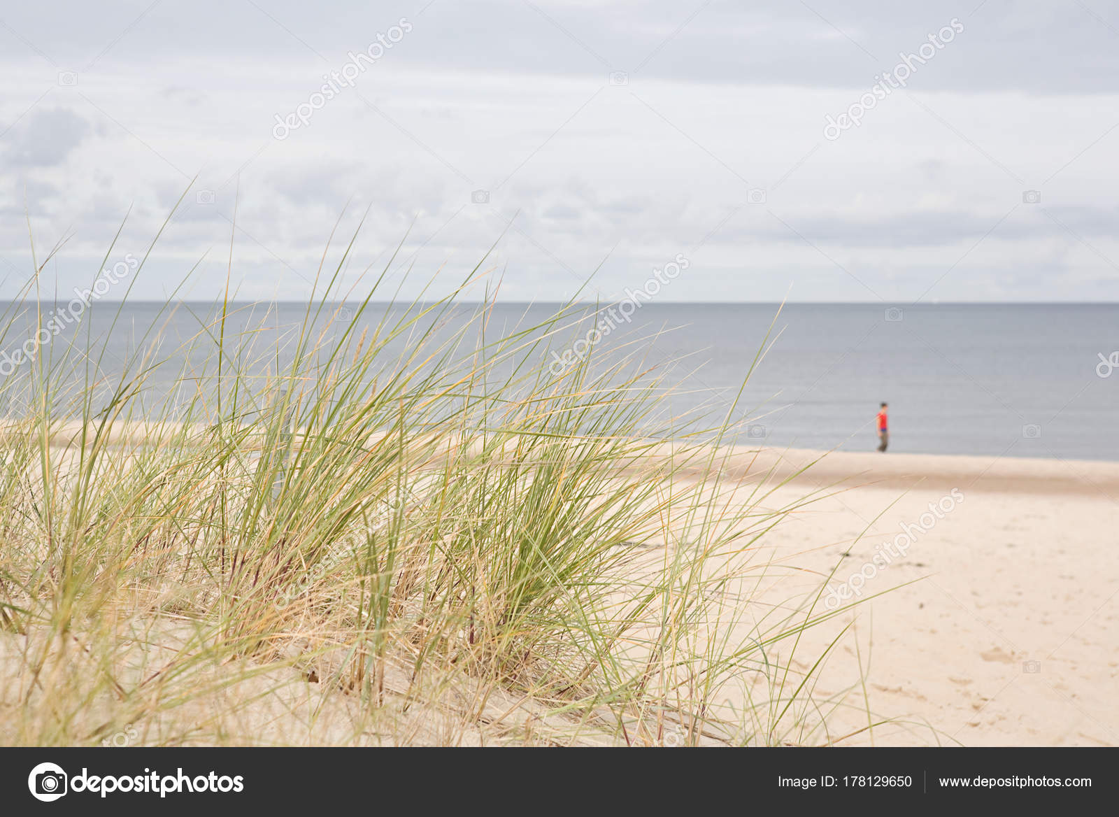 Person Walking Alone Coastline Beach Cloudy Sky Background Stock Photo ...