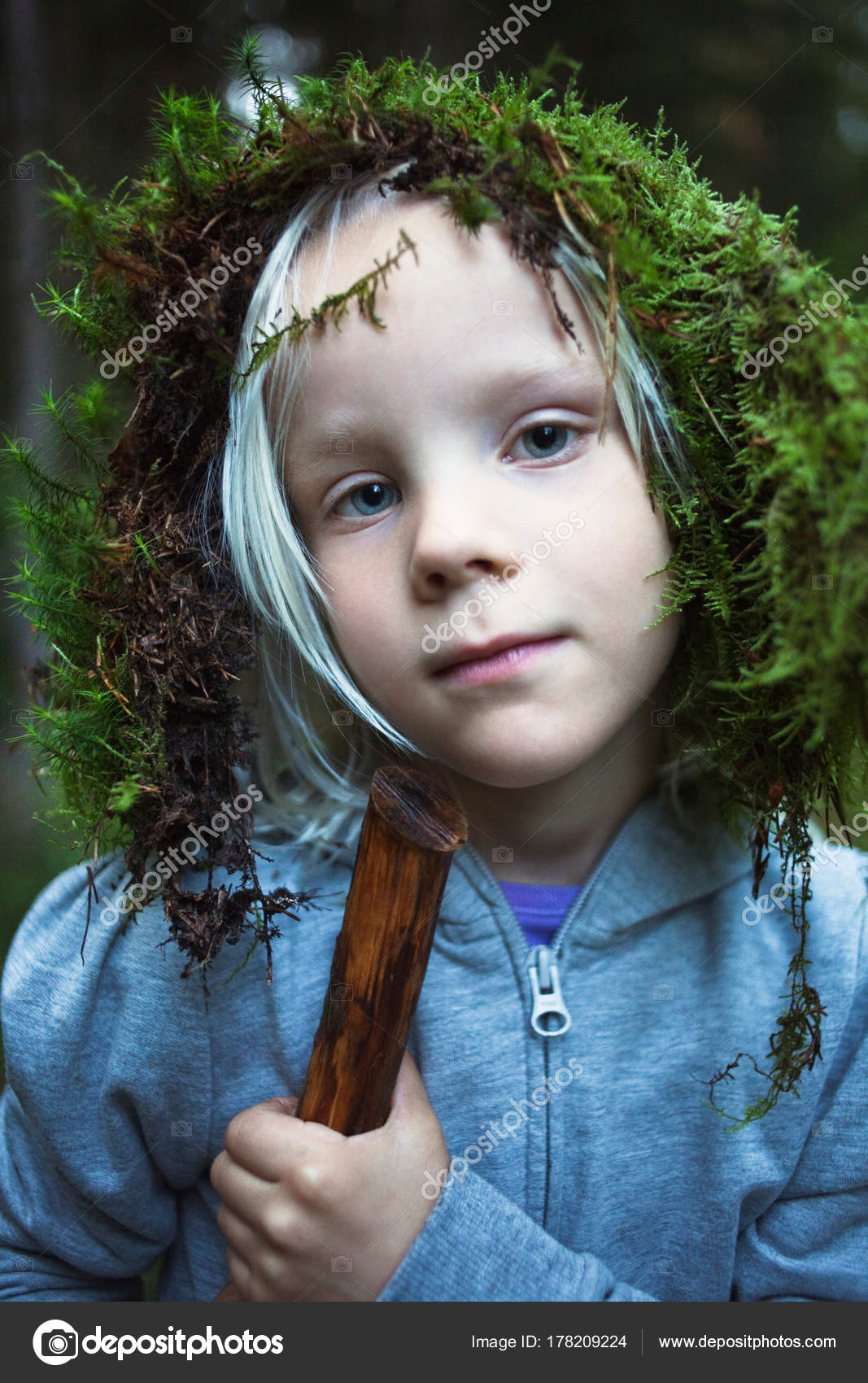 Girl Wearing Moss Her Head Outdoors — Stock Photo © ImageSource #178209224