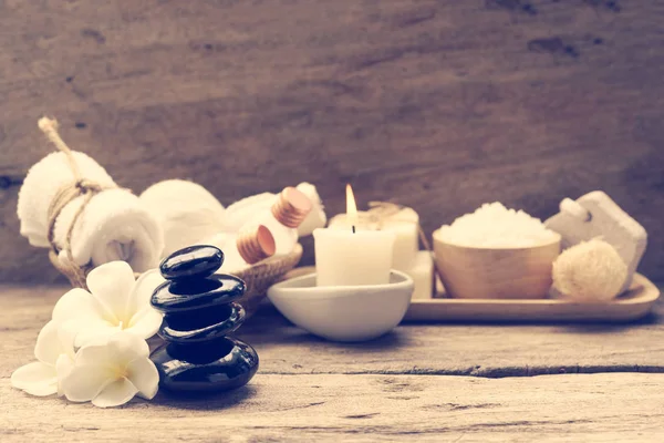 Spa Wellness Concept White Candle Milk Soap Salt Towel Flowers A