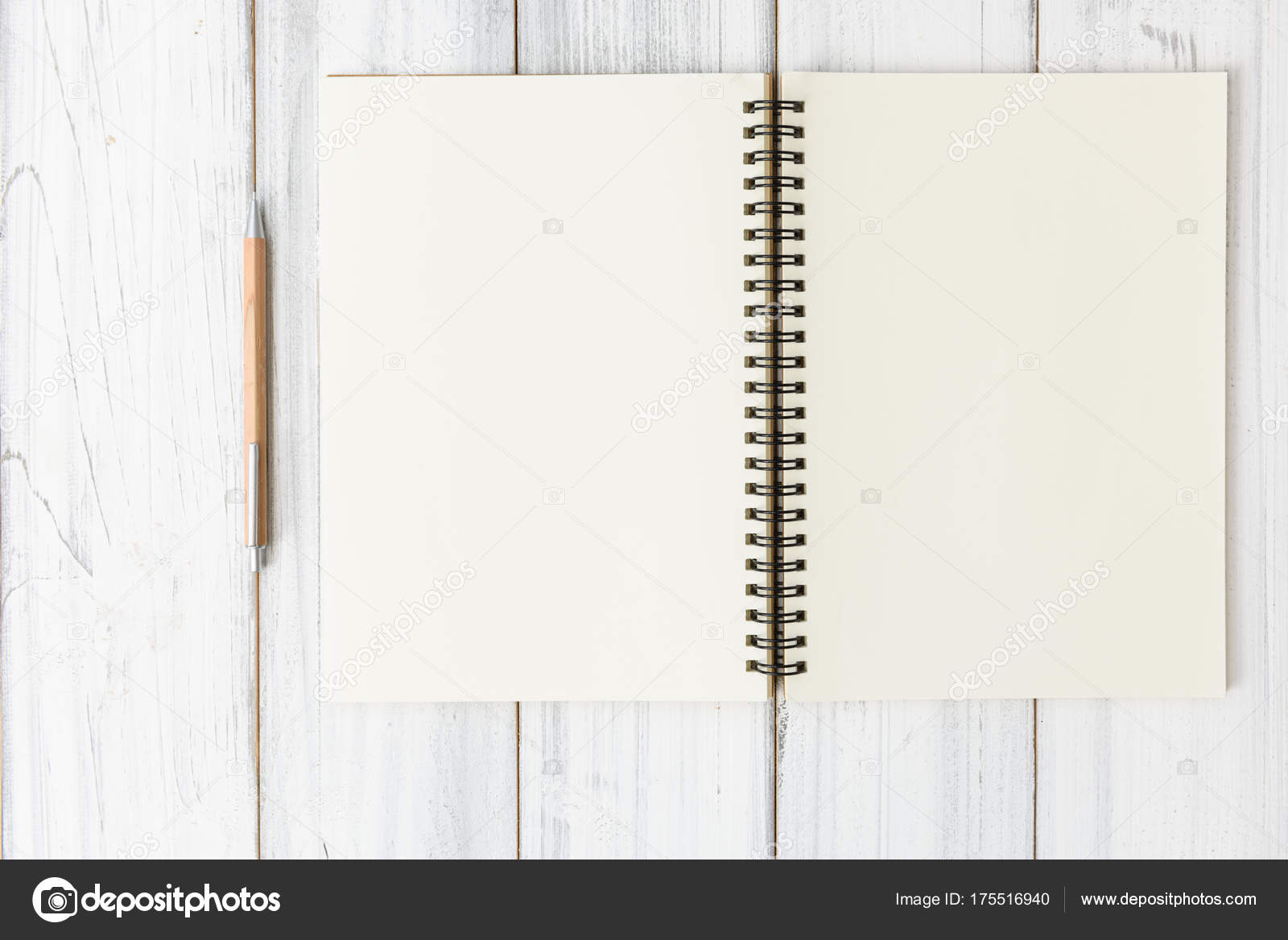 Notebook and brown pencil on white wood table background,flat la ...
