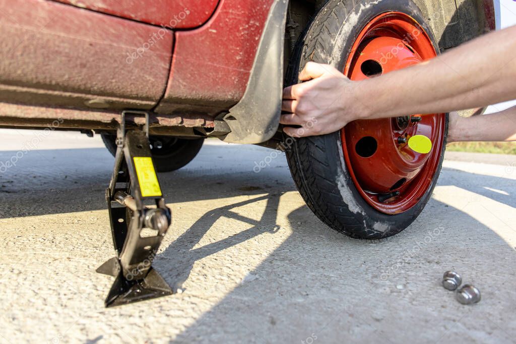 Driver Changes Punctured Wheel Temporary One Road Close — Stock Photo ...