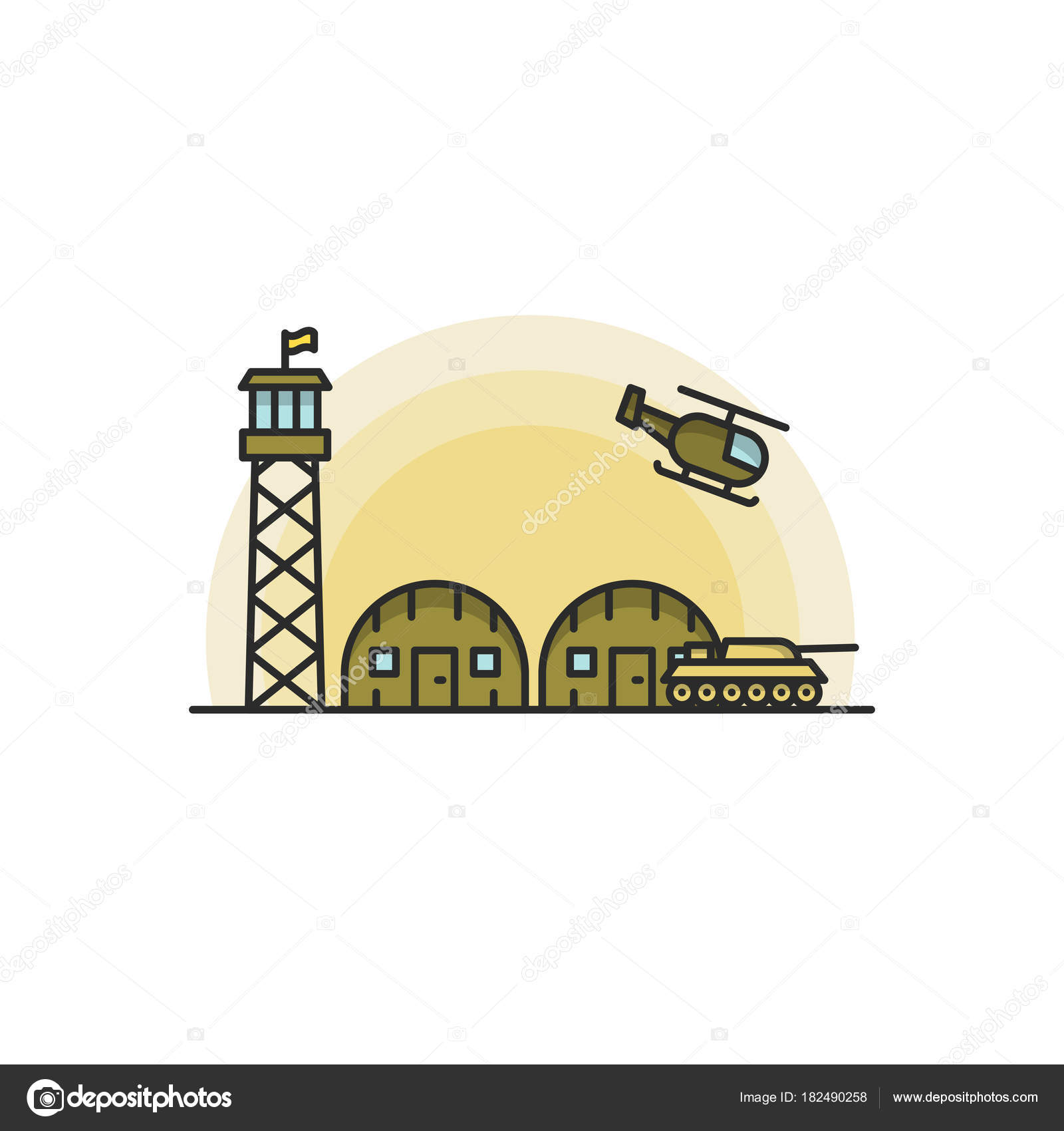 Military Base with Army and Air Force Vehicles. Vector illustration on ...