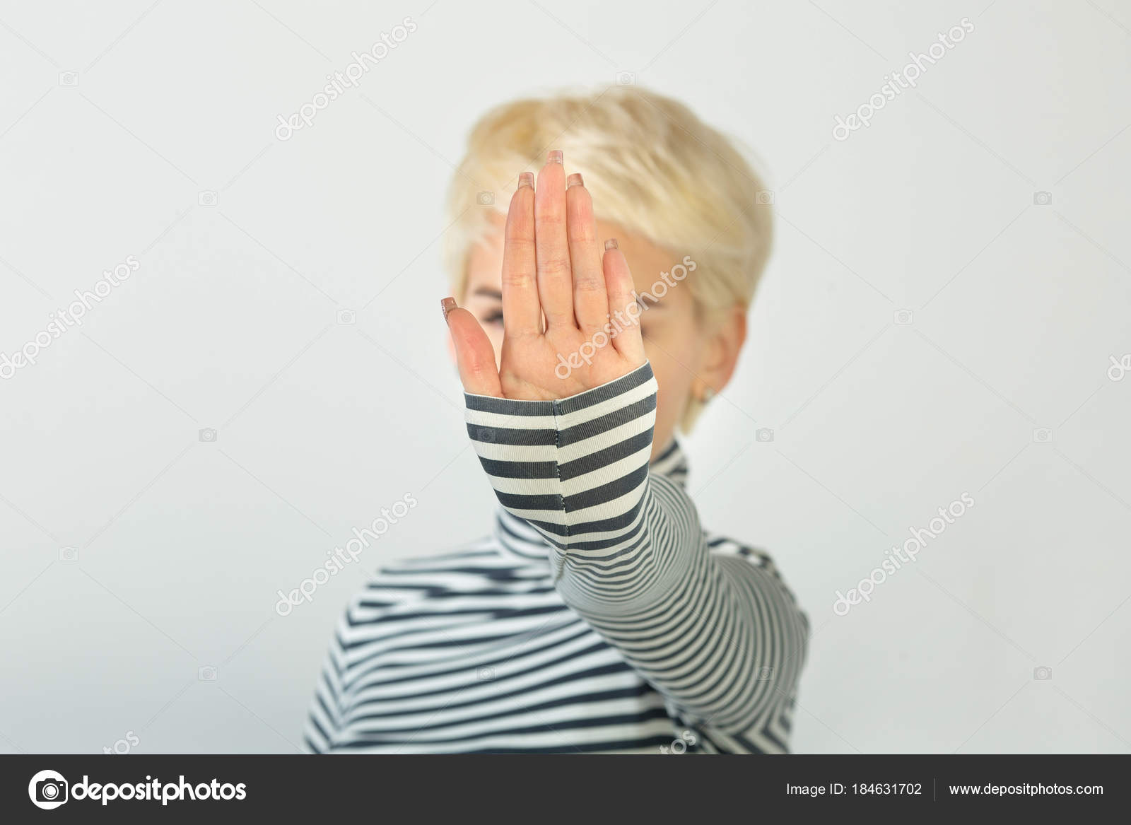 Beautiful Young Girl Short Hairdo Light Background Strained Face Hand ...