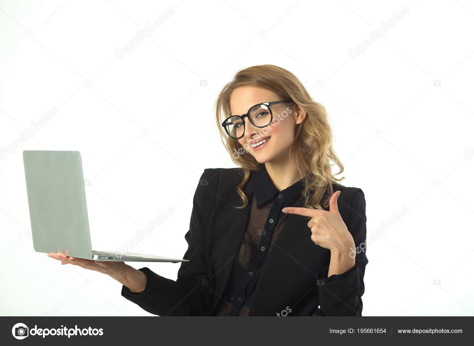Beautiful Young Girl Glasses Black Suit Laptop White Background Stock ...