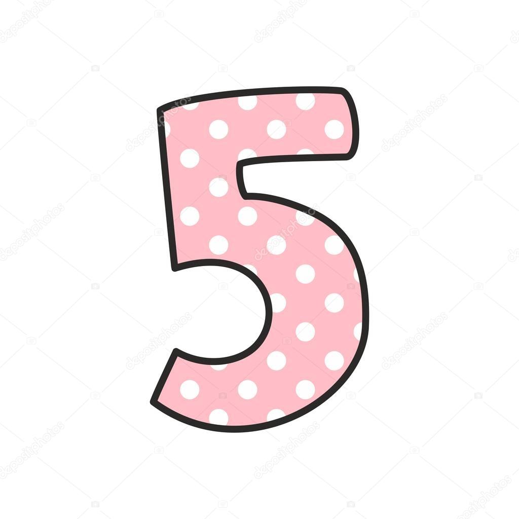 Número 5 con lunares blancos sobre rosa, ilustración vectorial aislada ...