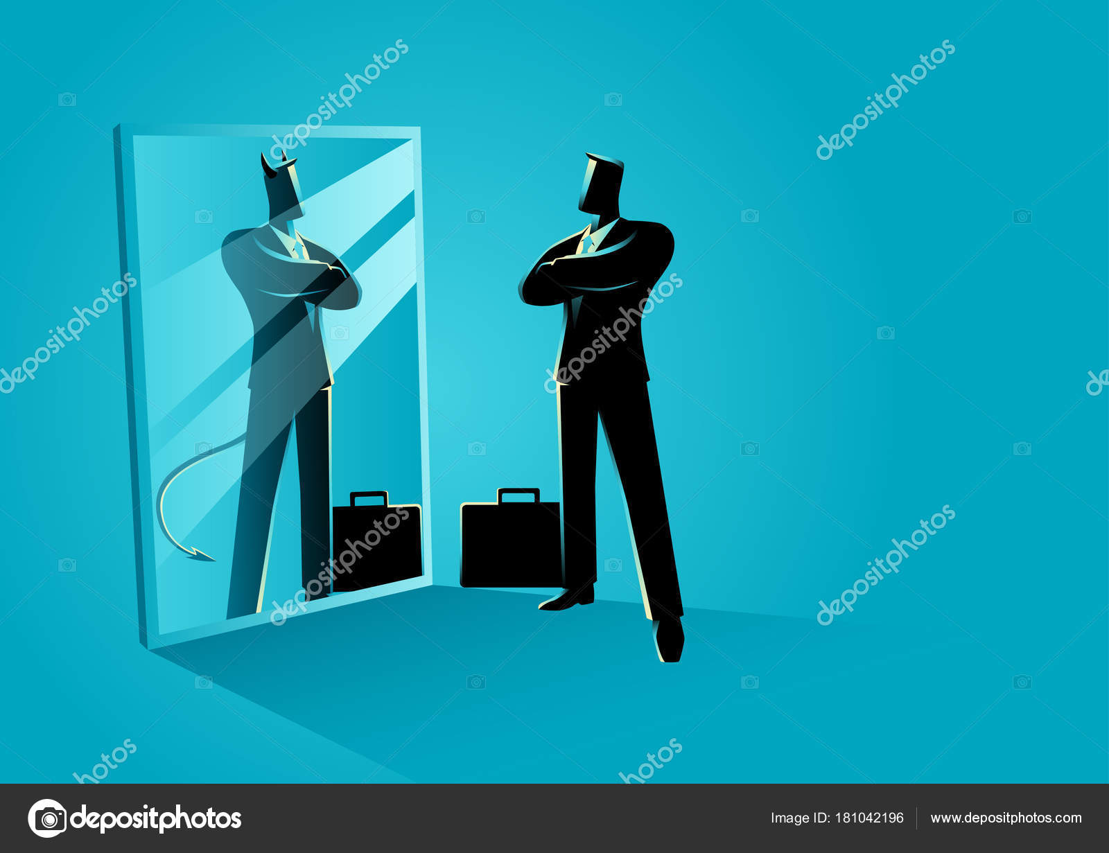 Businessman standing in front of a mirror, reflecting a devil Stock ...
