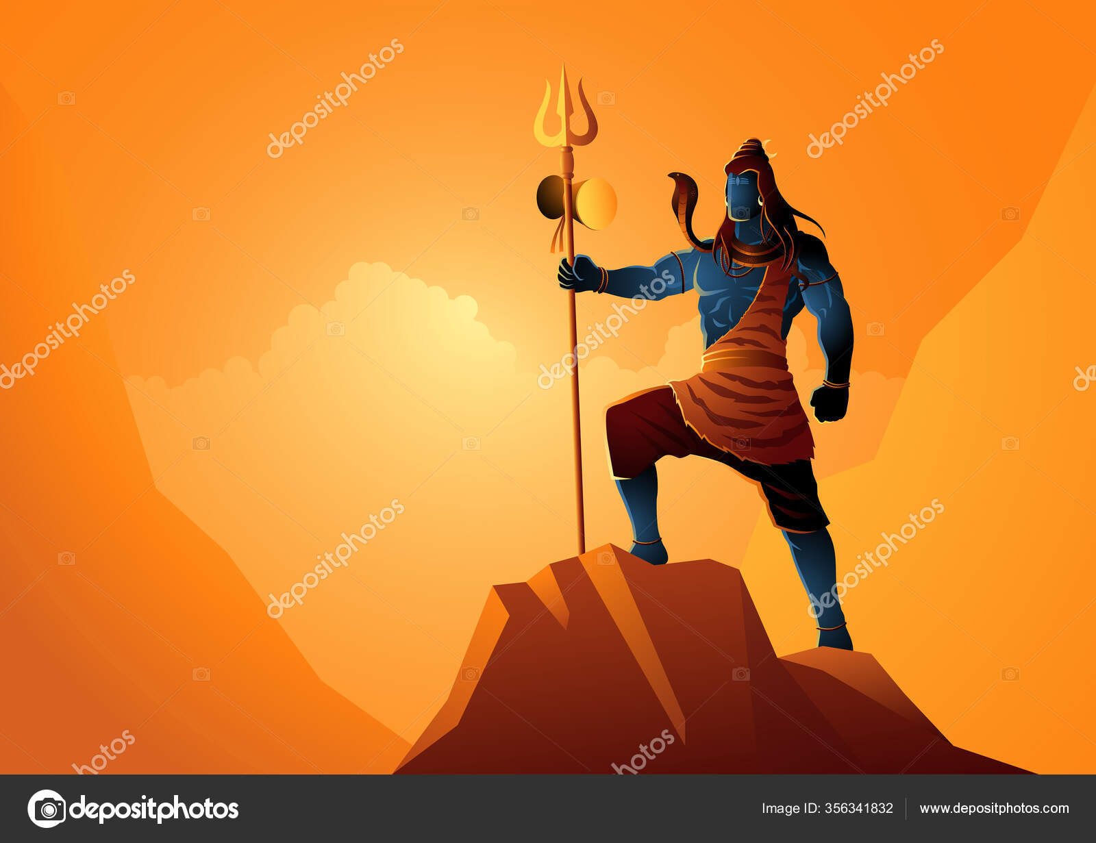 Vector Illustration Lord Shiva Standing Top Rock Indian God Hindu Stock ...