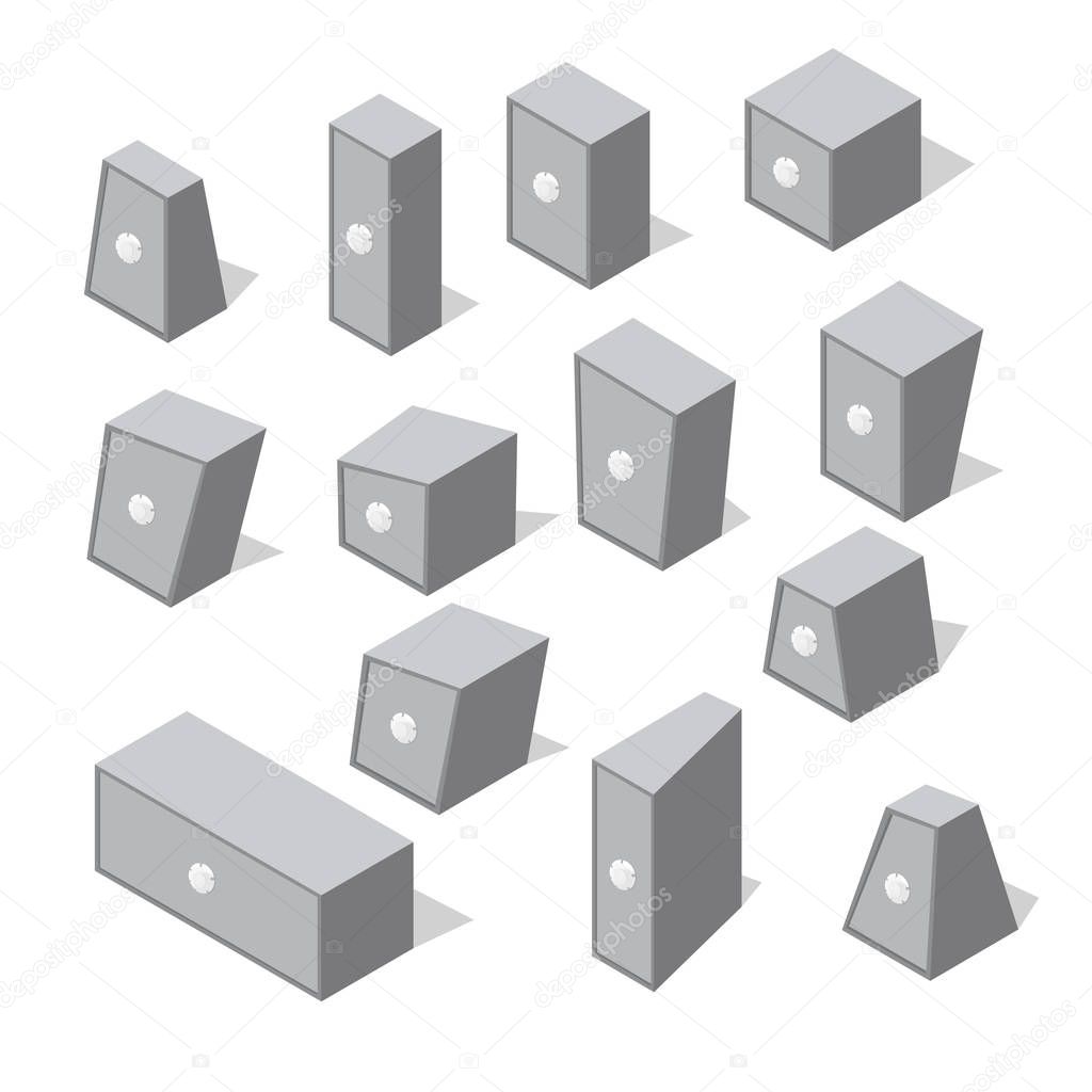 Cajas de seguridad isométricas de diferentes formas, 2024