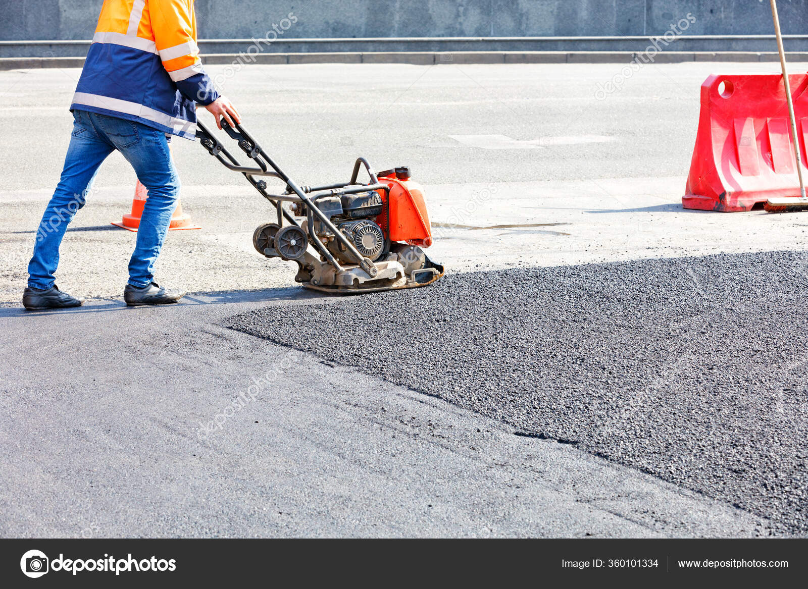 Worker Road Service Use Vibratory Plate Compactor Compacting Asphalt ...