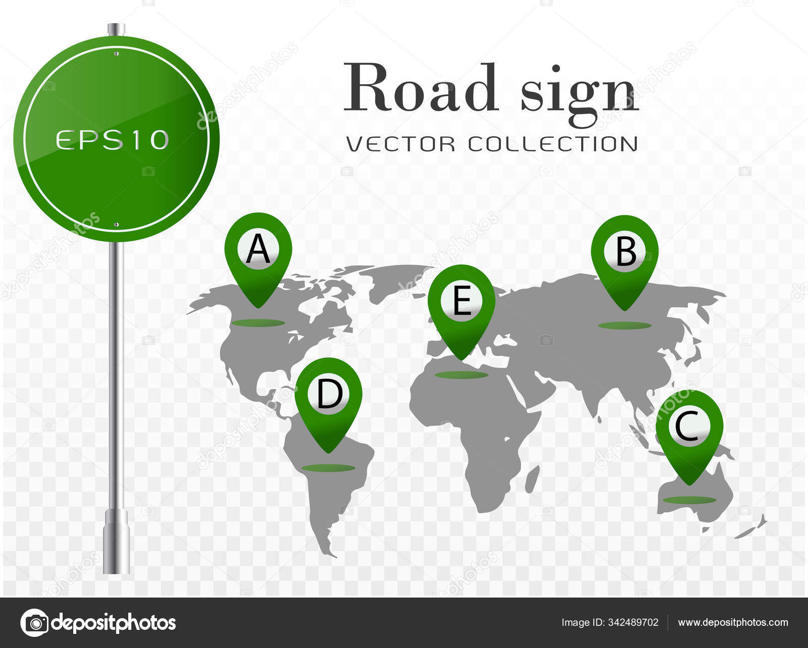 Green traffic signs. Road board text panel and world map icon w Stock ...