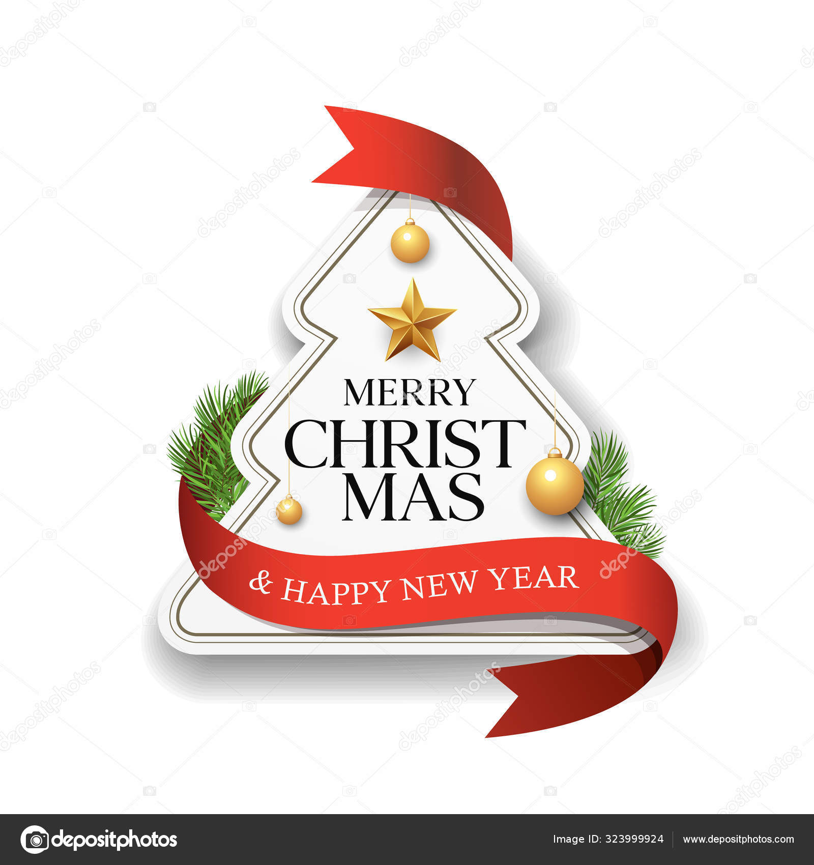 Merry Christmas Label Paper Red Ribbon Design Isolated White Background ...