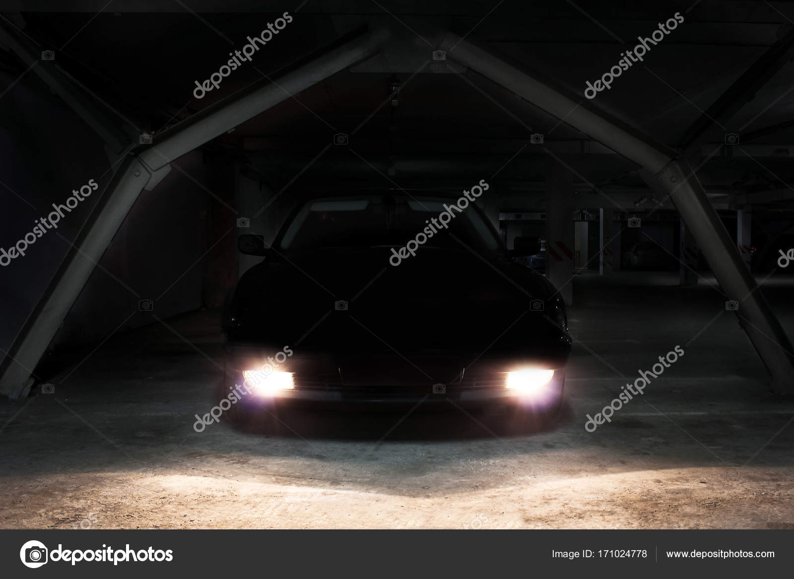 The car in the shadows with glowing lights in low light. Car. Supercar ...